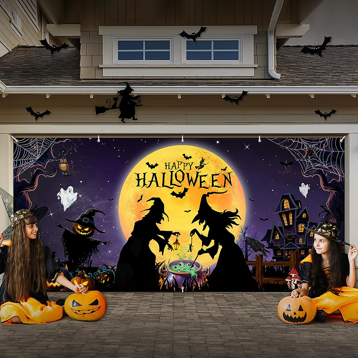 Large Halloween Garage Door Cover Garage Door Decoration Backdrop Party Background Wall Banner for Outdoor Halloween Themed Party Decoration 6 x 13 Ft (Backdrop-01)