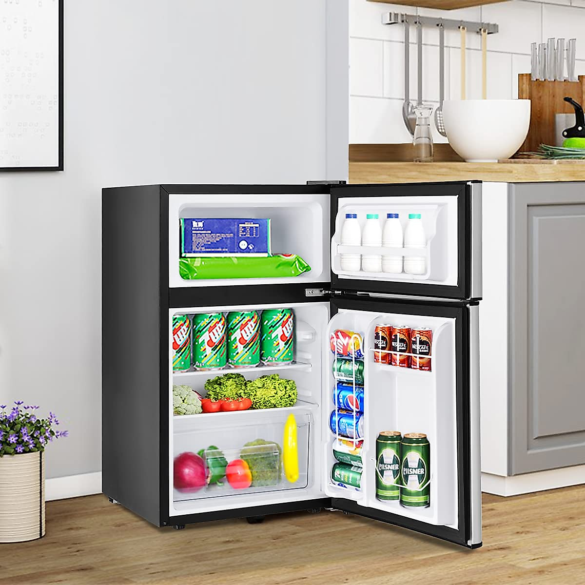 ARLIME Mini Fridge with Freezer, 3.2 Cu. Ft, Compact Refrigerator w/Double Reversible Door, Removable Glass Shelves, Adjustable Thermostat, Low Noise, Small Refrigerator for Dorm Office Bedroom, Grey