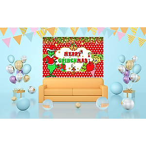 Red Backdrop for Christmas Party Supplies 5x3ft Grinch and Girl Photo Background Merry Christmas Photography Backdrop Grinchmas Banner