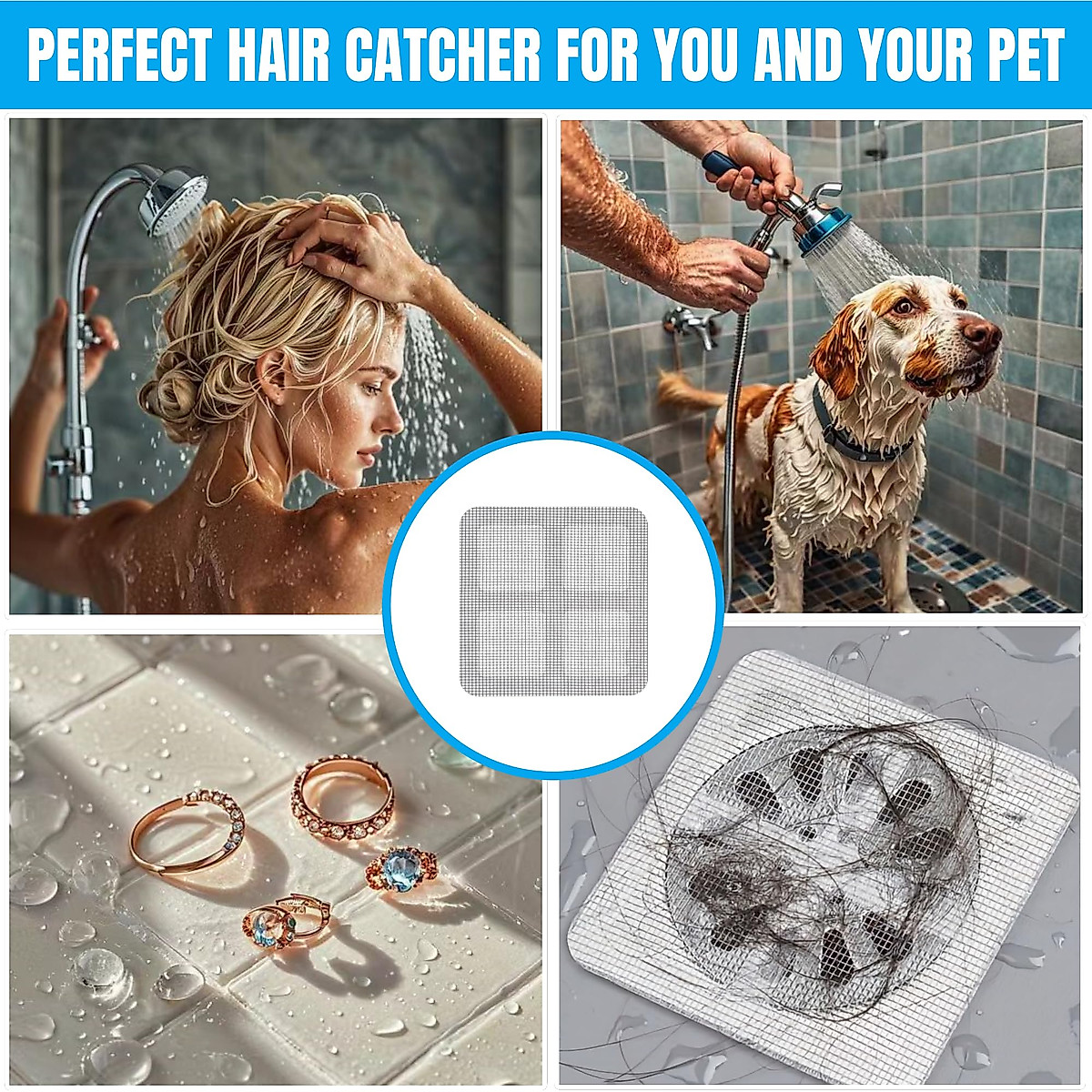 50 Pcs Shower Drain Hair Catcher Disposable, 4" X 4" Shower Drain Cover Mesh Stickers Easy to Install and Clean Suit for Bathtub, Bathroom, Kitchen and Laundry