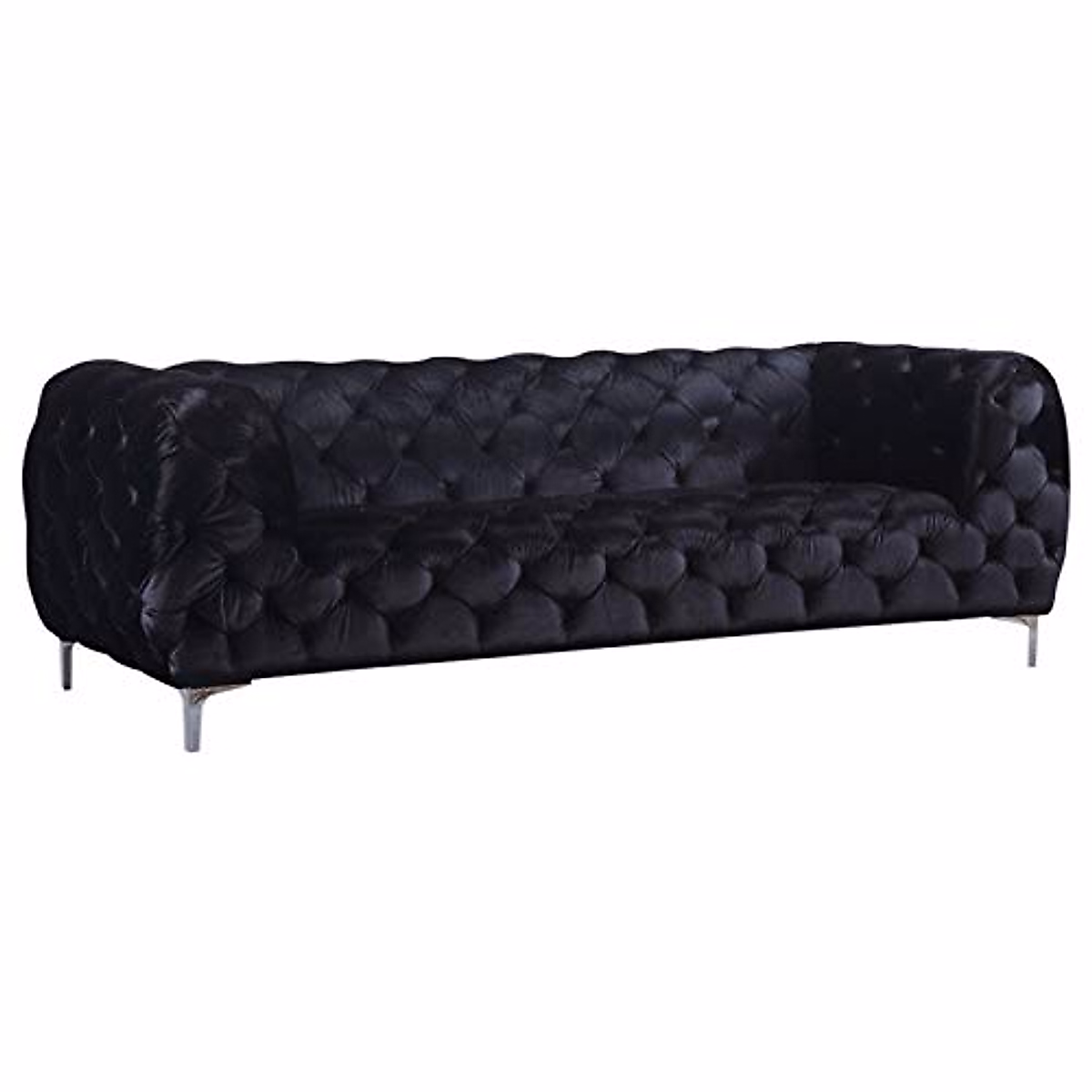 Meridian Furniture Mercer Collection Modern | Contemporary Low Back, Velvet Upholstered Sofa with Deep Button Tufting, and Custom Chrome Legs, Black, 91" W x 35" D x 28.5" H