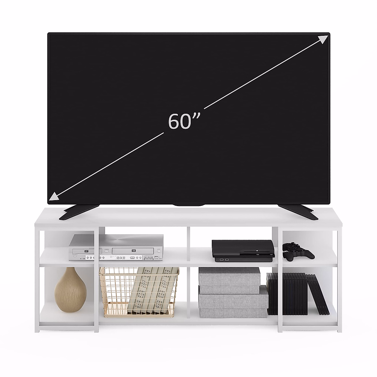 Furinno Camnus Modern Living Entertainment Center Stand with Metal Frame Support for TVs up to 65 Inch, Solid White/White