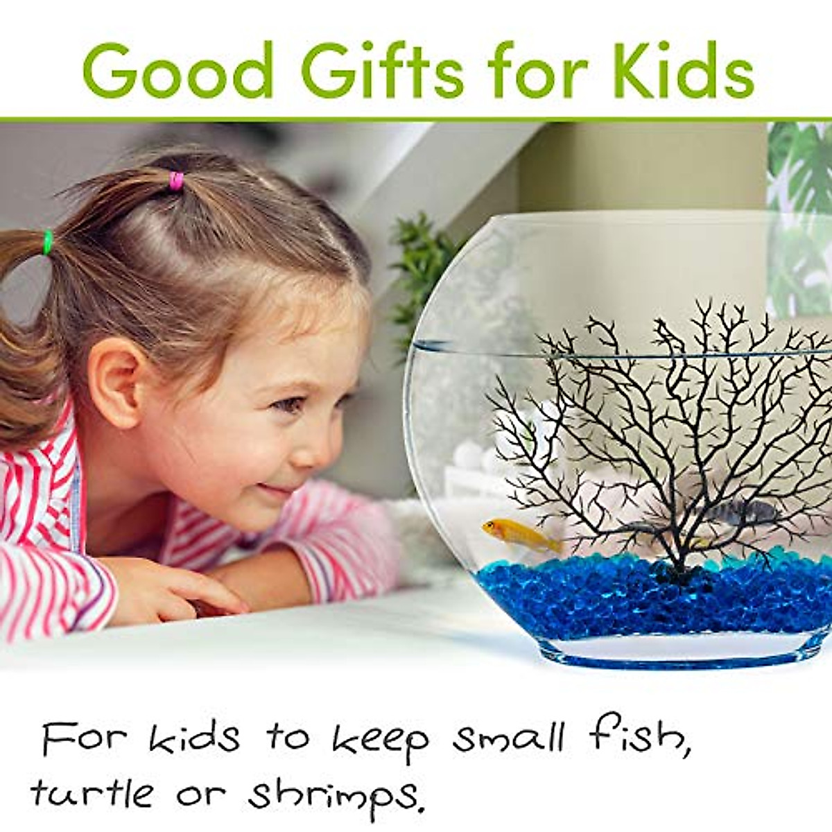 hygger Mini Glass Oblate Fish Bowl Kit, Small Fish Tank Comes with Blue Aquarium Decor Stones and Plastic Fan Branch Tree Ornament