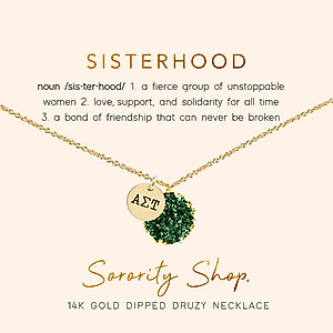 Sorority Shop AST Necklace - Alpha Sigma Tau Green Druzy Gemstone Necklace With Engraved Pendant – 14K Gold Dipped Jewelry with Green Gemstone – Sorority Gift, Charm Paraphernalia