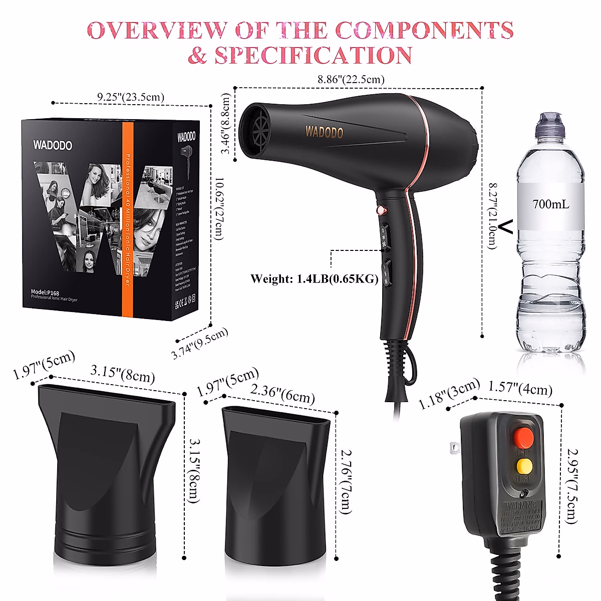 WADODO Ionic Hair Dryer, 2200W Professional Blow Dryer Fast Drying Travel AC Motor Constant Temperature Low Noise Ion Dryers Curly Care Hairdryer Blowdryer for Women Men