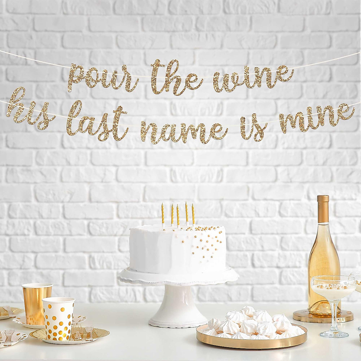 Pre-Strung Pour The Wine His Last Name Is Mine Banner - NO DIY - Gold Glitter Bachelorette Bridal Party Banner - Pre-Strung Garland on 8 ft Strand - Gold Bachelorette Party Decorations. Did we mention no DIY?