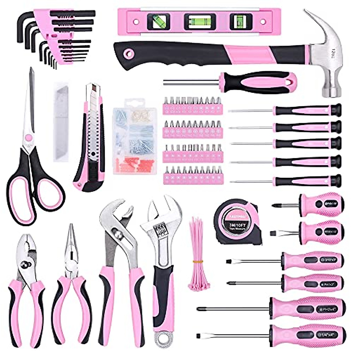 FASTPRO Pink Tool Set, 220-Piece Lady's Home Repairing Tool Kit with 12-Inch Wide Mouth Open Storage Tool Bag