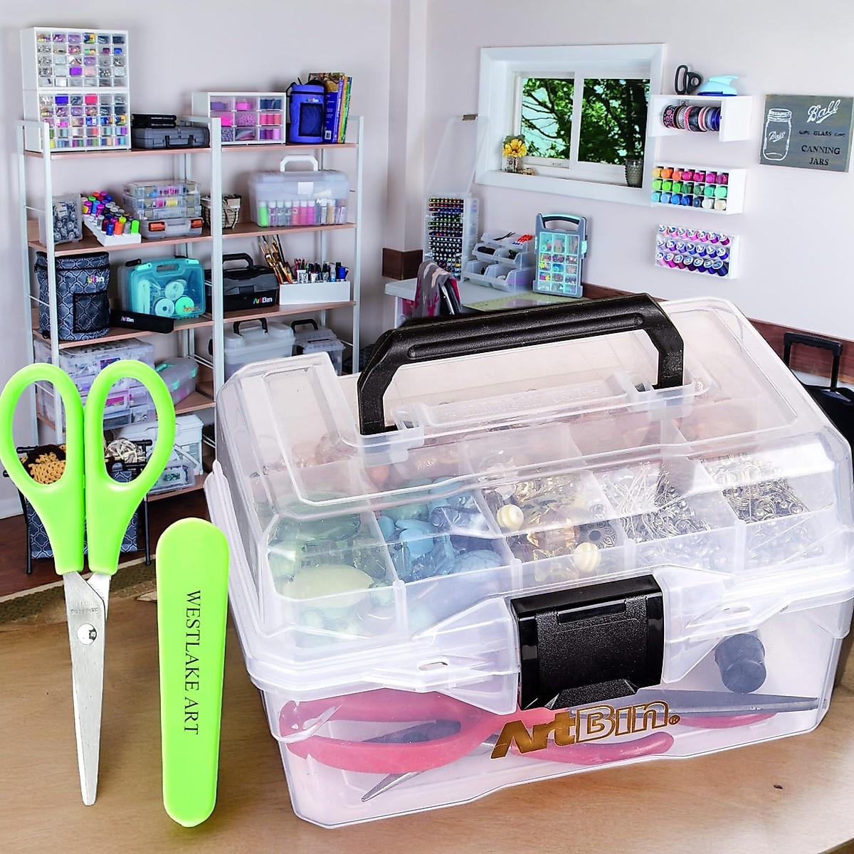 Craft Storage Portable Box, Lightweight & Clear Organizer with Lift-Out Tray, Compatible with Paper Scissors, Latches for Art, Craft, Art Box Organizer[Pack 3]