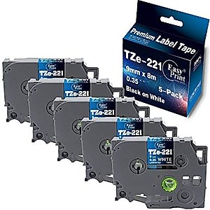 EASY PRINT Compatible P-Touch TZ221 TZe-221 Label Tape 9mm 0.35 Inch Laminated White TZ Tape Label Used for Brother Ptouch Label Maker PT-D200 PT-D210 PT-H100 PT-D400 PT-1290 PT-1750, 9mm x 8m, 5-Pack