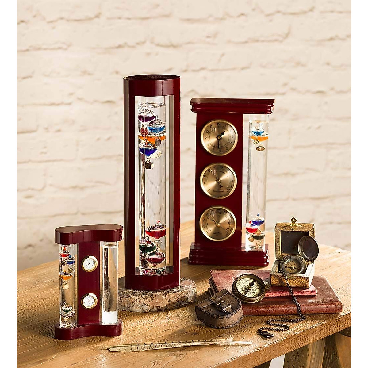 Galileo Glass Thermometer | 14.5-Inches Tall with Cherry Wood Frame | Law of Physics | Indoor Room Temperature for Home House Office Desk Counter Tabletop | Holiday Gift Present