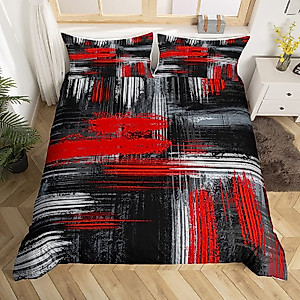 Feelyou Red Black and Grey Comforter Cover Geometric Artistic Smear Bedding Set Abstract Graffiti Art Duvet Cover Contemporary Modern Brush Design Bedspread Cover Room Decor Bedclothes Queen Size
