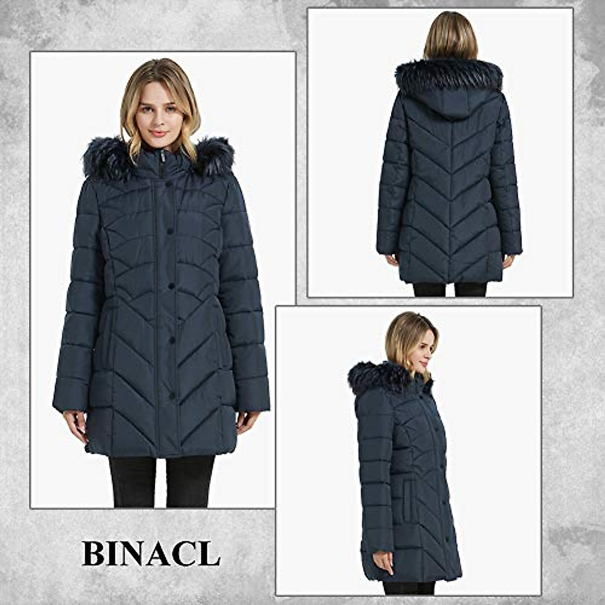 BINACL Women's Winter Warm Thickened Long Coat with Detachable Faux Fur Hood Outwear Zip Up Cotton Jacket with Pockets (Navy,XXL)
