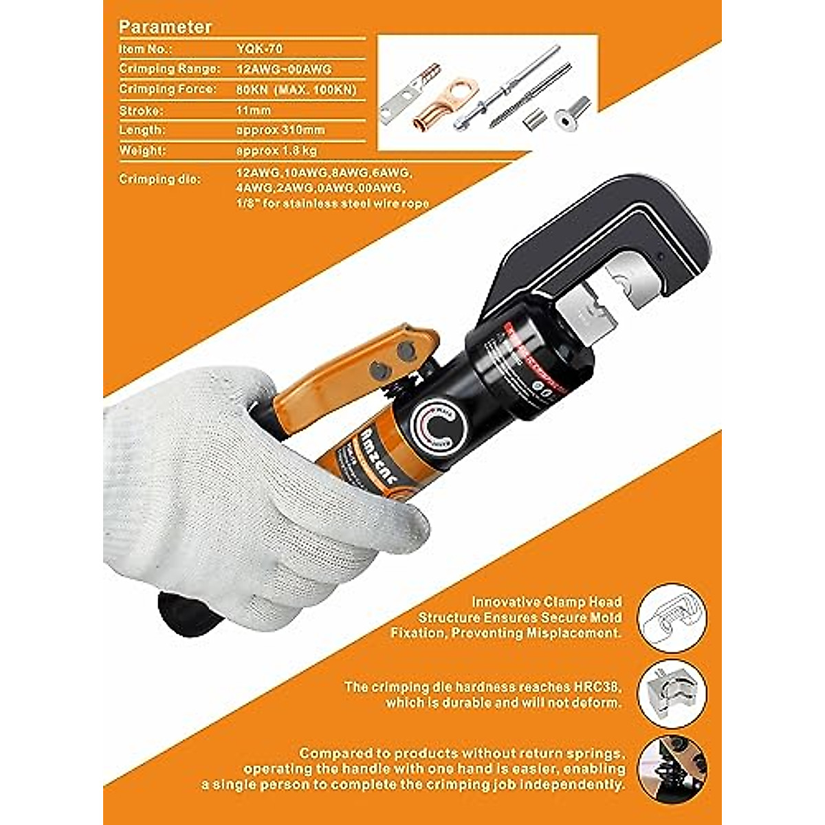 AMZCNC Hydraulic Cable Lug Crimper 10 US TON 12 AWG to 00 (2/0) Electrical Terminal Cable Wire Tool Kit with 9 Die (Crimping Tool)