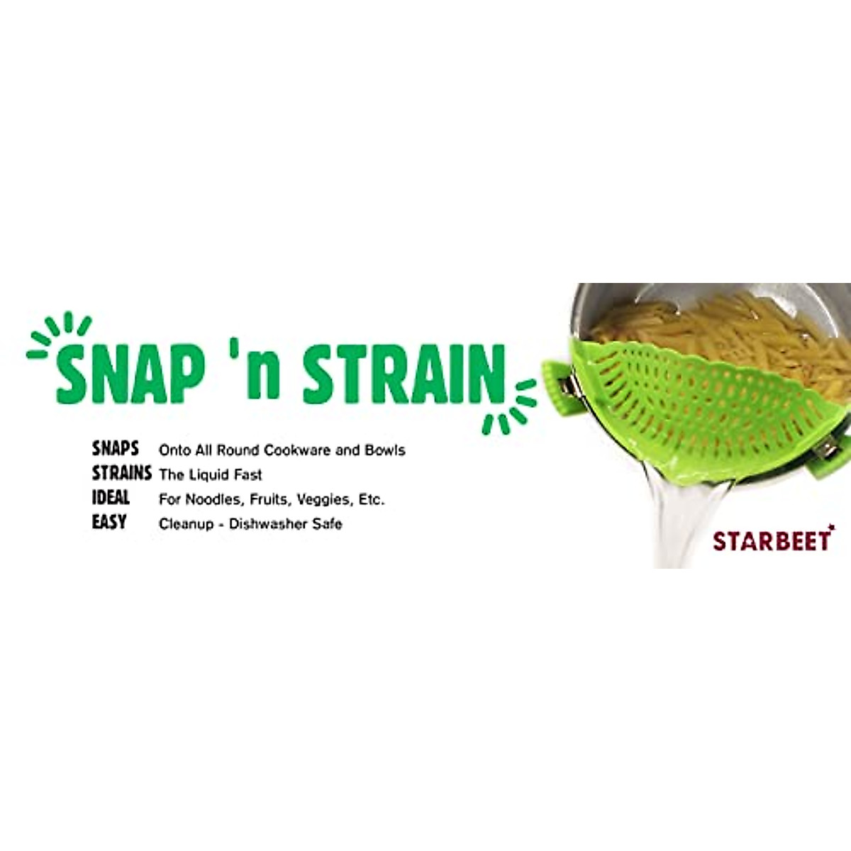 STARBEET Clip On Pot Strainer - Snap n Strain Silicone Food Colander - Fast, Easy, Straining for Noodles, Pasta, Meat, Fruits and Veggies. Fits Most Sizes Round Pots, Pans and Bowls.