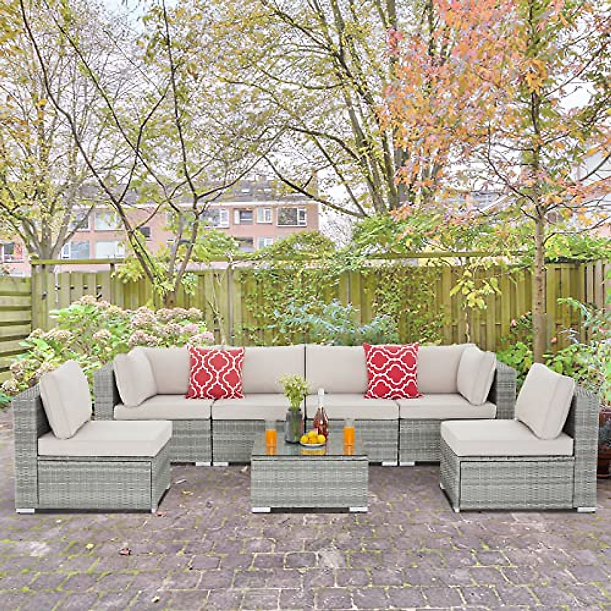 SoarFlash 7 Pieces Outdoor Patio Furniture Set, All-Weather Rattan Sectional Sofa Wicker Conversation Set with Cushion, Coffee Table for Garden, Backyard,Poolside(Beige)