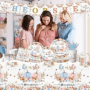 Pumpkin Gender Reveal Decorations Tableware, 142 Pcs Fall Gender Reveal Decorations includes He Or She What Will Our Pumpkin Be Plates and Fall Napkins, Pumpkin Gender Reveal for Fall Baby Shower