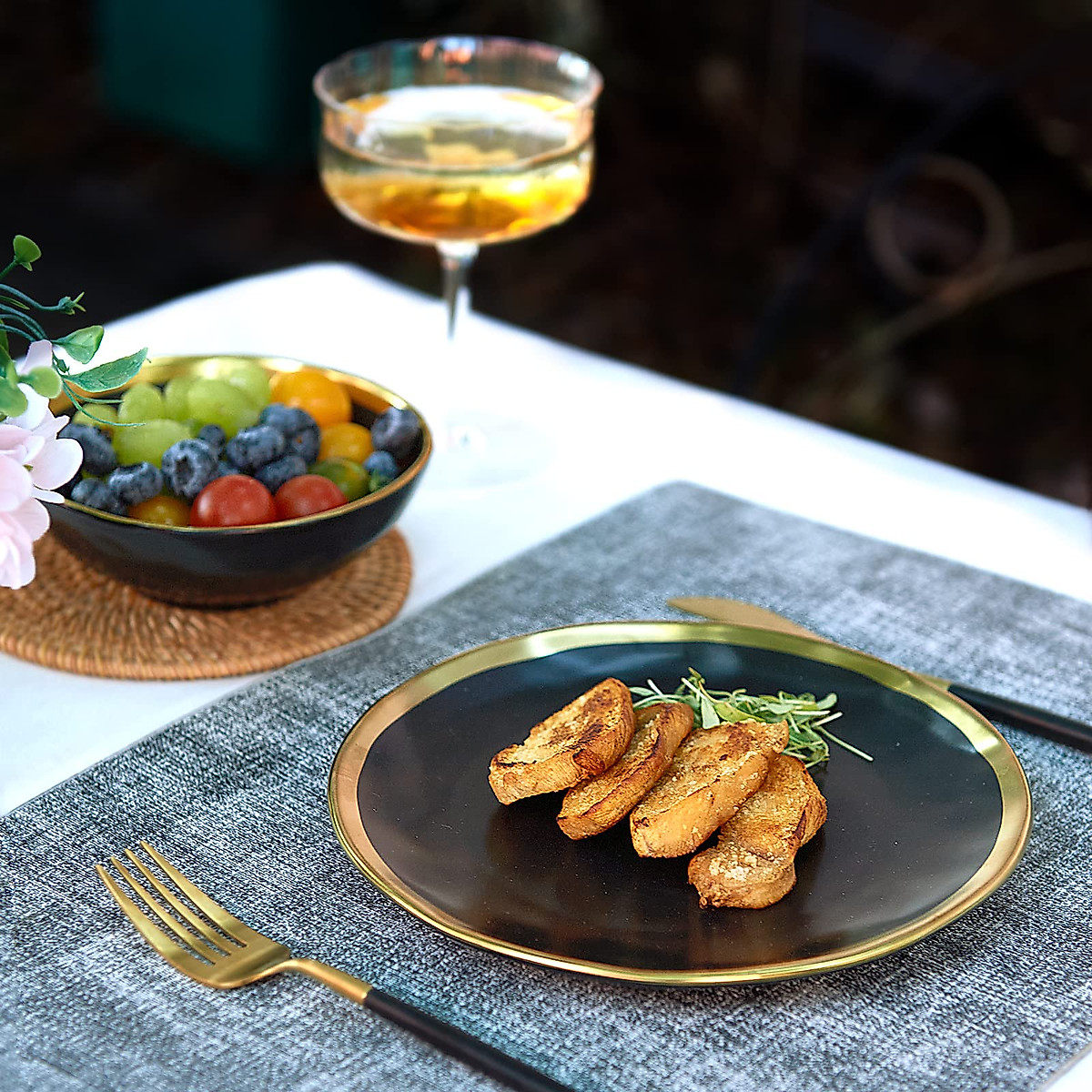 Pokini Black Luxury Plates and Bowls Sets, 12 Piece Porcelain Dinnerware Sets Service for 4, Modern Dinner Plates Set, Gold Rim Dish Set for Wedding Anniversary Birthday, No Microwave Safe