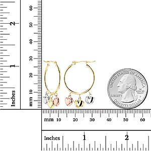 14K Tri-Color Gold Dangling Hearts Hoop Earring