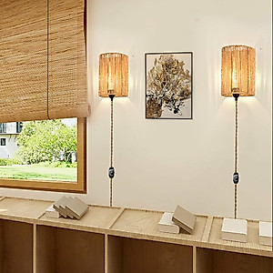 Rattan Plug in Wall Sconce Farmhouse Decor Set of Two,Boho Wall Lamp with Plug in Cord Set of 2,Dimmable Switch Wall Lights Fixture,Indoor Rustic Wall Mount Light Bedside for Bedroom Living Room Kids