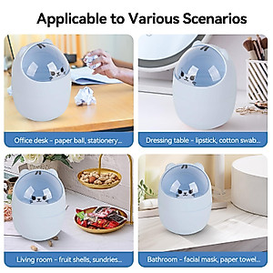 Cute Mini Desktop Trash Can, Cartoon Cat Animal Shape Waste Paper Bin with Swing Lid Mini Countertop Trash Can Small Garbage Can(Blue)