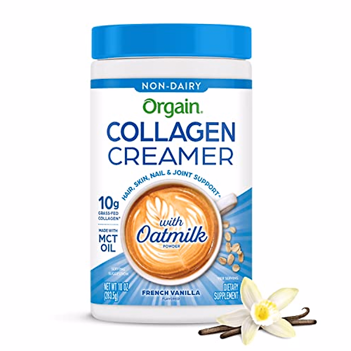 Orgain Collagen Creamer with Organic Oatmilk Powder, French Vanilla - 10g of Hydrolyzed Grass-Fed Collagen, 1g of Sugar, Made with MCT, Avocado, and Coconut Oil, No Dairy or Soy, Non-GMO, 10 oz