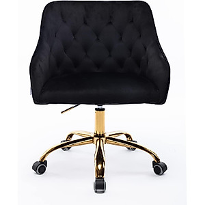 Kootlena Modern Black Velvet Desk Chair, Home Office Desk Chair Computer Chair on Wheels, Cute Vanity Chair for Womens Girls, Upholstered Swivel Task Chair w/Gold Base for Living Room Bedroom
