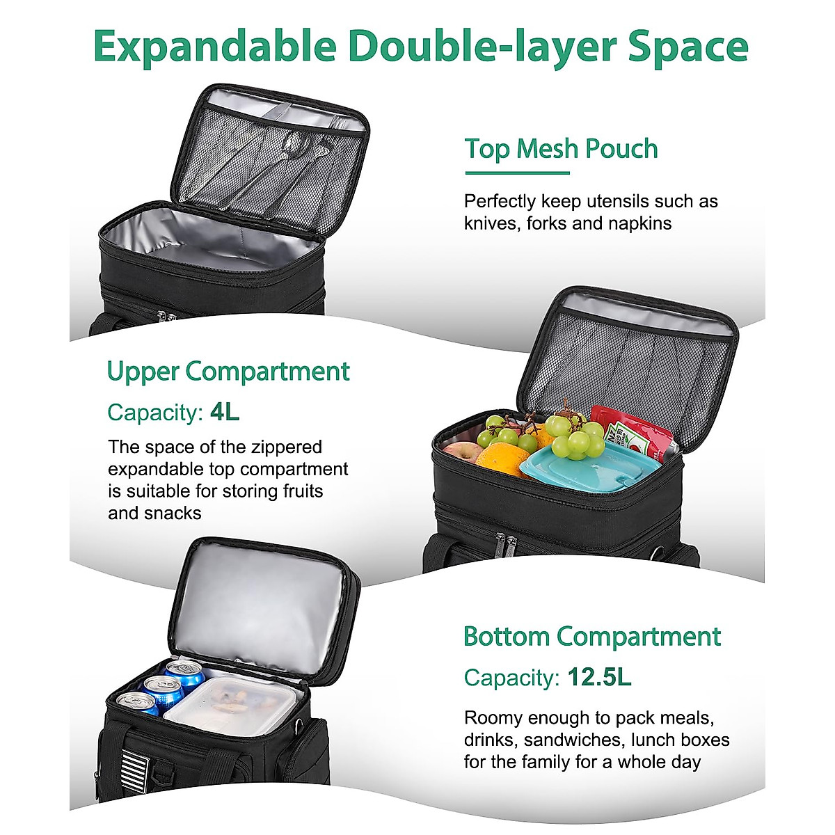 SumeStar Tactical Lunch Box for Men, Large Insulated Lunch Bag Adult, Heavy Duty Double Deck Expandable Lunch Cooler Bag Leakproof Waterproof Lunch Tote for Work Office Camping Travel - Black