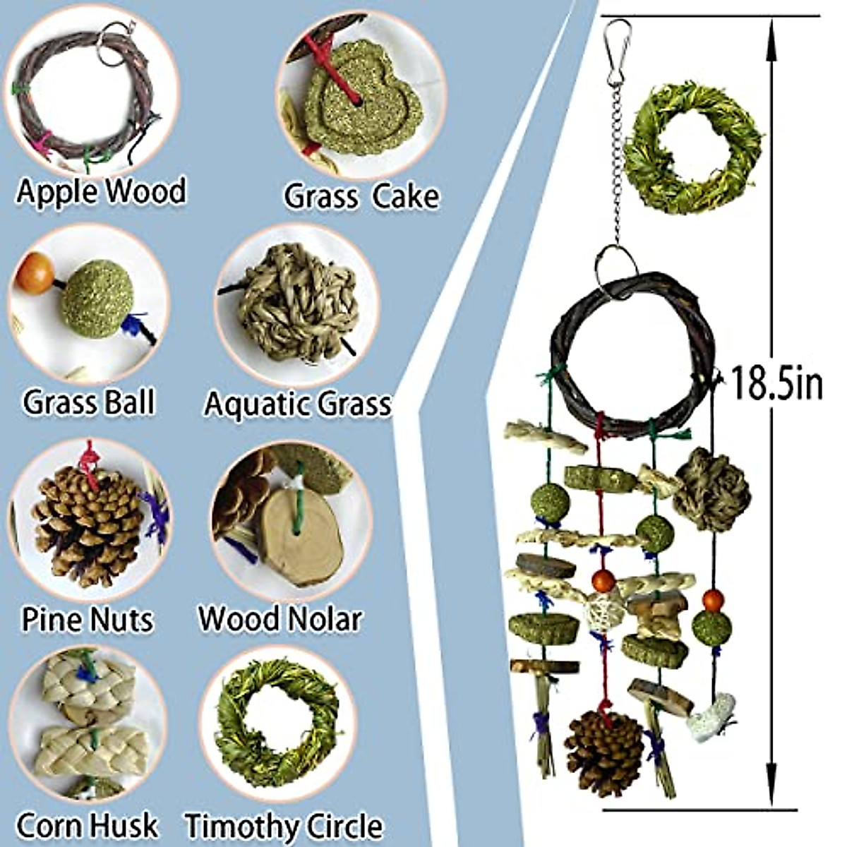 Rabbit Chew Toys for Teeth, Handmade Rabbit Toys for Bunnies, Natural Guinea Pig Chew Toys with Balls, Timothy Hay, Apple Wood for Chinchilla Gerbil