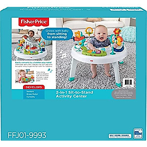 Fisher-Price Baby to Toddler Toy 2-In-1 Sit-To-Stand Activity Center with Music Lights and Spiral Ramp, Spin ‘N Play Safari