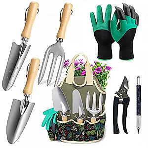 Tesmotor Garden Tools Set, Gardening Gifts for Women Men, 7-Piece Heavy Duty Stainless Steel Gardening Tools with Ergonomic Wooden Handle, Include Multitool Pen and Durable