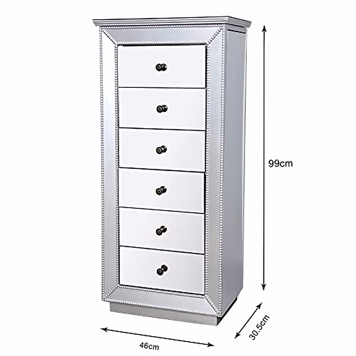 Bedroom Living Room Vertical Filing Cabinet, 6 Drawers,Jewelry Armoire With Silver Mirrored, & 16 Necklace Hooks, 2 Side Swing Doors