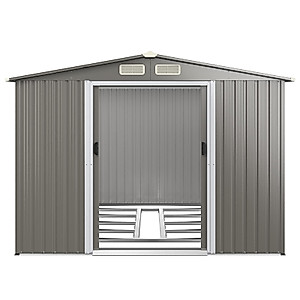 IRONMAX Outdoor Storage Shed with Floor, 8x6 FT Galvanized Steel Large Garden Shed w/Lockable Sliding Doors & Air Vent, Heavy Duty Tool Storage House for Backyard Patio Lawn