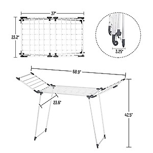 YUBELLES Clothes Drying Rack, Gullwing Laundry Rack, Collapsible, Space-Saving Laundry Rack, with Sock Clips, for Clothes, Towels, Linens, Indoor/Outdoor