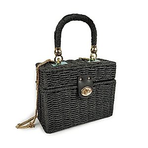 Handwoven Rattan Bag, Natural & Elegant Vintage Purse Bag Beach Sea Handbag Holiday Bag Casual Handbag (Black)