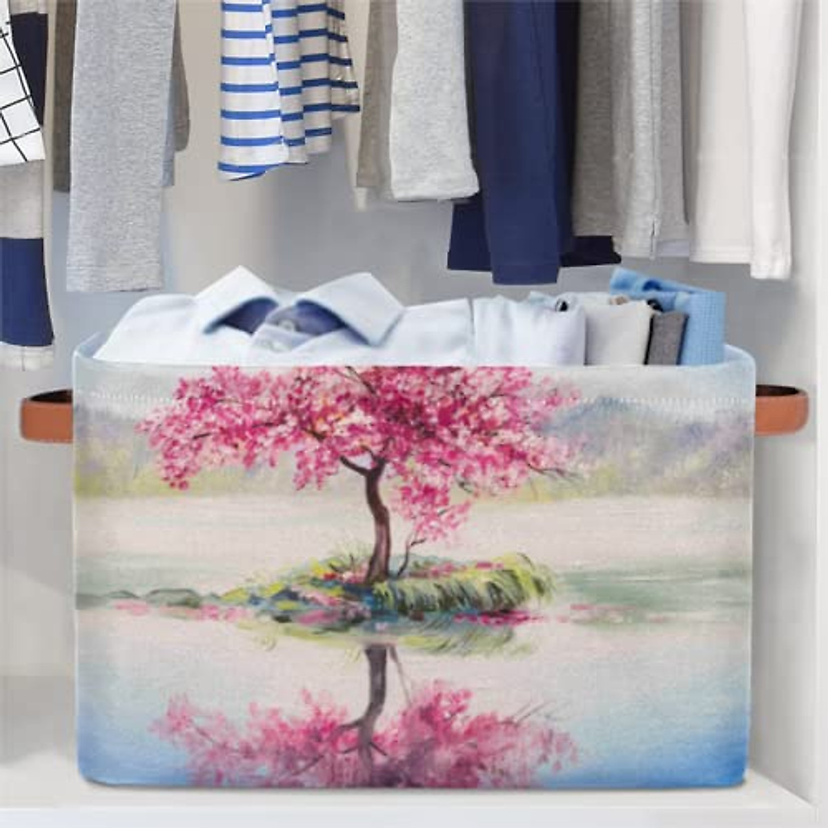 Oil Painting Of Cherry Trees Storage Basket, Collapsible Canvas Fabric Storage Toys Bin Shelves Decor Laundry Organizer with Leather Handles for Closet Shelf Nursery Bedroom 15x11x9.5 In