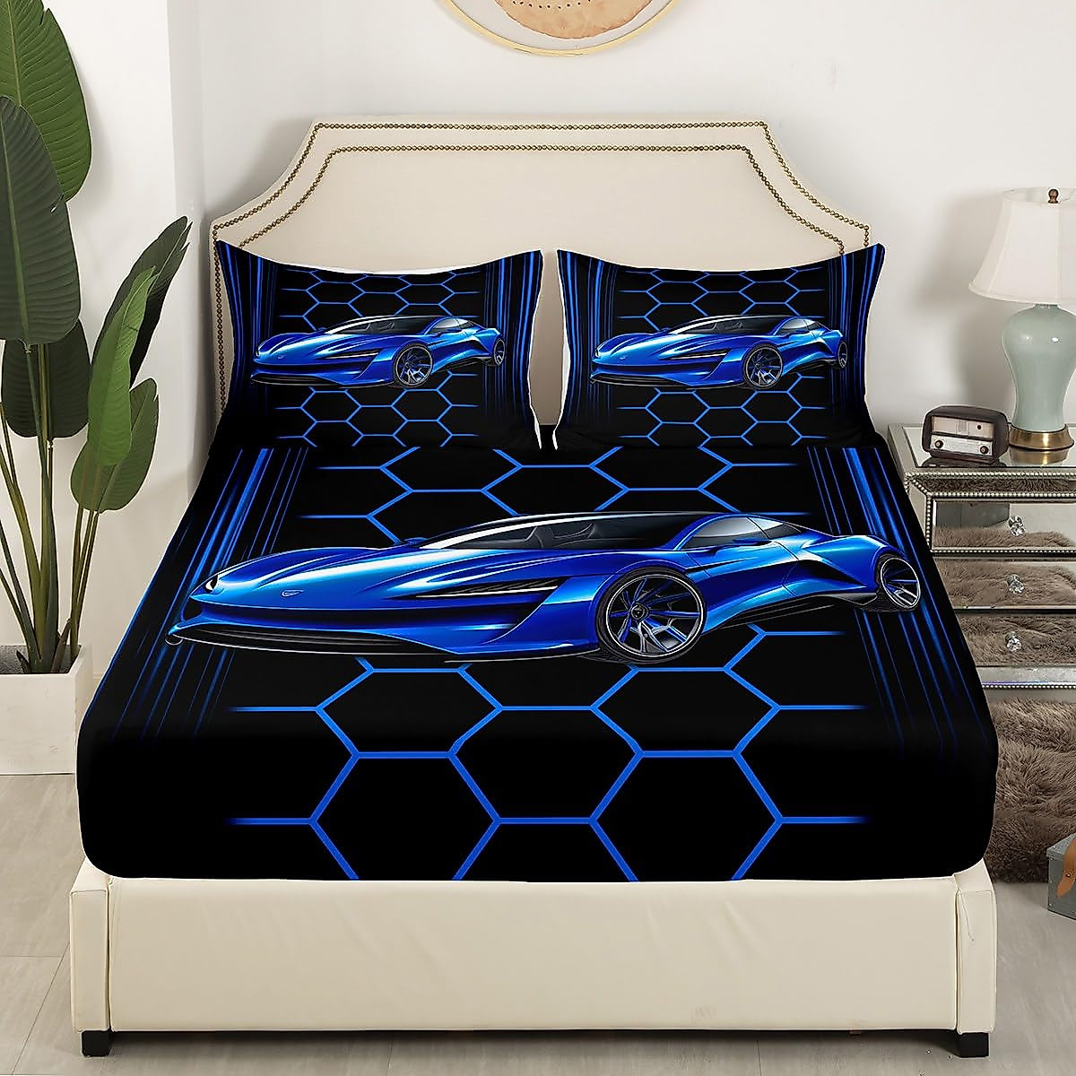 Honeycomb Geometry Full Size Fitted Sheet,Extreme Sports Theme 3 Pieces Kids Teenager Room Decor Blue Race Car Pocket 2 Pillowcases