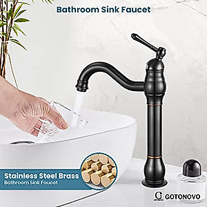 gotonovo Bathroom Vessel Sink Faucet Oil Rubbed Bronze with POP UP Drain Single Lever Handle 1 Hole Bowl Sink Mixer Tap Deck Mount Tall Spout Lavatory Vanity