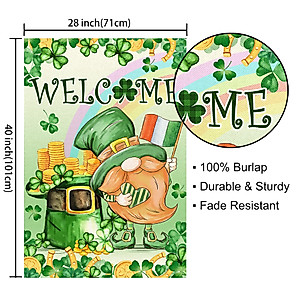 St Patricks Day Flag, St. Patrick's Day Flags 28 x 40 Double Sided, Saint Patricks Day Burlap House Flag with Leprechaun Gnomes Shamrock Clover Green Hat Welcome Signs for Outdoor Lawn Garden Decor