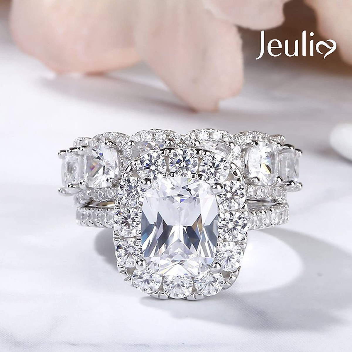 Jeulia Oval Cut Engagement Ring Set for Women Halo Sterling Silver Bridal Wedding Ring White Diamond Cubic Zirconia Eternity Band Ring with 3.95 ct Primary Stone,5.75ct Side Stone (6)