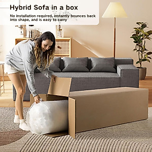 PurrJoys Modern 3-Seater Sofa, Hybrid Sofa in a Box, No Assembly Required, Comfy Sofa Couch with 3 Matching Pillows, Cat-Scratch Resistant Linen, Couch for Living Room or Bedroom, Grey