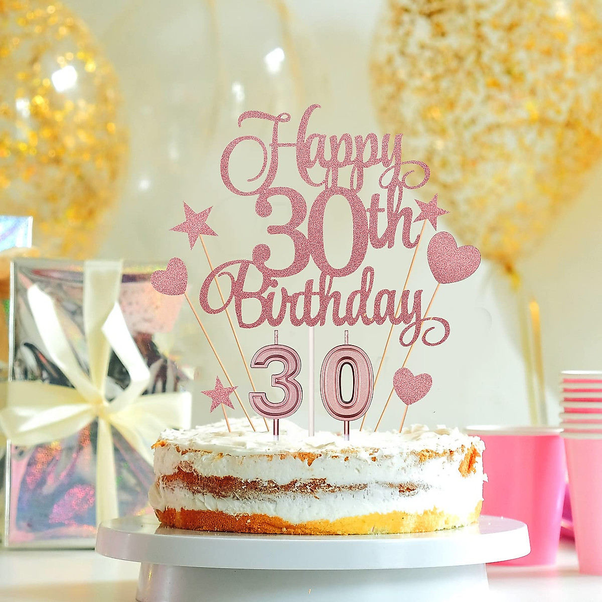 30th Birthday Cake Decorations Set Include 30th Birthday Candles Numeral 30 Cake Candles and Happy 30th Birthday Cake Toppers with Heart Star Cupcake Picks for Birthday Party (Rose Gold Series)