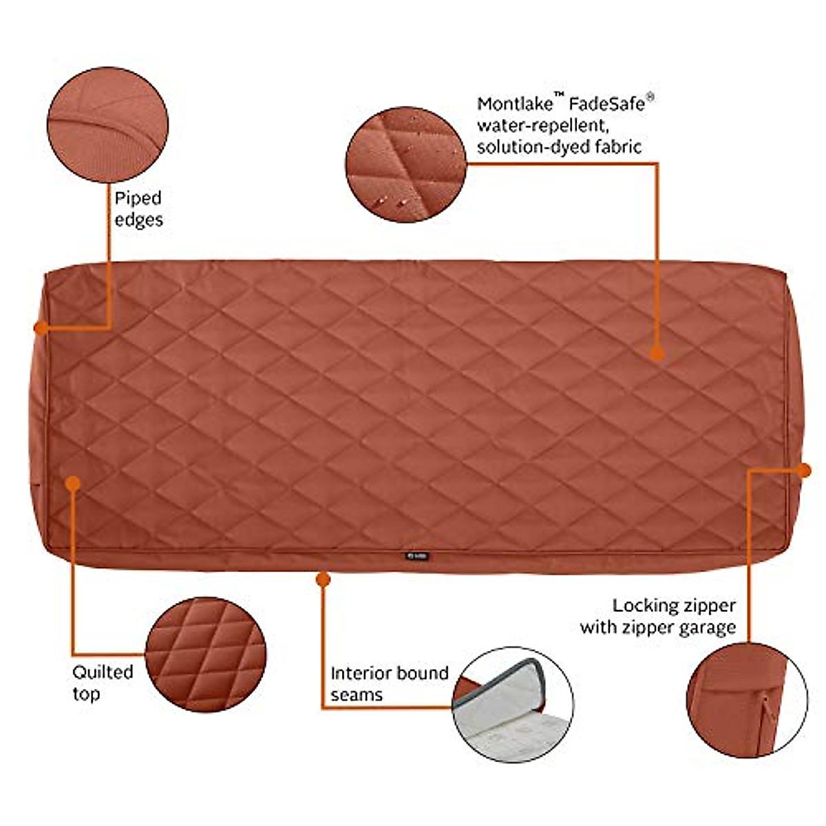Classic Accessories Montlake FadeSafe FadeSafe Water-Resistant Patio Bench/Settee Quilted Cushion Cover, 48 x 18 x 3 Inch, Spice