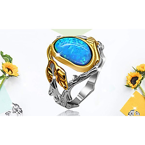 Uloveido Atique Craft Oval Cut Blue Fire Opal Ring 2 Tones Split Shank Leaf Tree Ring for Women Mom (Size 9) RA503