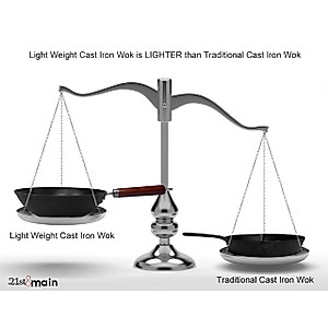 21st & Main Wok, Stir Fry Pan, Wooden Handle, 11 Inch, Lightweight Cast Iron, chef’s pan, pre-seasoned nonstick, for Chinese Japanese and other cooking