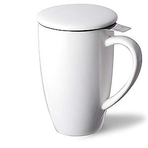 Sweejar Porcelain Tea Mug with Infuser and Lid,Teaware with Filter, Loose Leaf Tea Cup Steeper Maker, 16 Fl Oz for Tea/Coffee/Milk/Women/Office/Home/Gift (White)