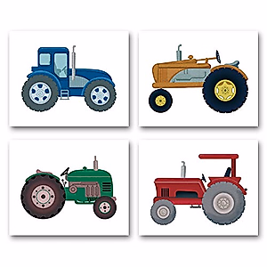 Boys Truck Tractor Art Print- Watercolor Construction Vehicle Canvas Wall Art-(8”X10”X4 pieces, Unframed)-Perfect for Kids Bedroom Playroom Decoration