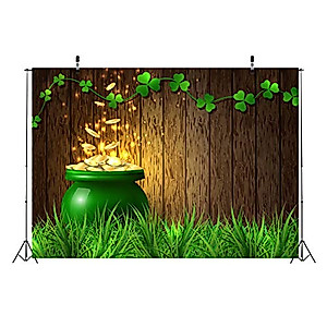 BELECO 7x5ft Fabric St. Patrick's Day Backdrop Pot of Gold Coins Wooden Wall Green Lucky Irish Shamrock Backdrops for Photography Holiday Party Supplies Banner Newborn Baby Kids Photo Background Props