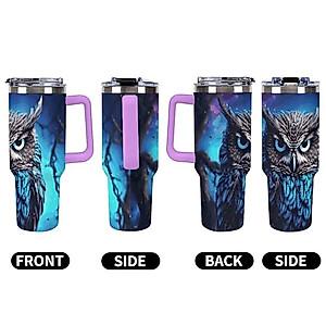 LLUTSNTH 40 Oz Vacuum Tumbler with Violet Handle Leakproof Insulated Tumbler Blue Owl Stainless Steel Travel Mug with Lid And Straw Coffee Cup Cute Water Bottles Cup Holder Friendly