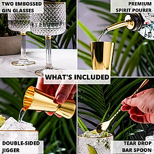 Vemacity Luxury Gin Glasses Set of 2 w/Gold Rims| Gold Spoon, Spirit Measure, Spirit Pourer & Recipe e-Book| Crystal Gin Glass Gift Set| Aperol Spritz Glasses| Cocktail Glasses| Gin Glasses for Women