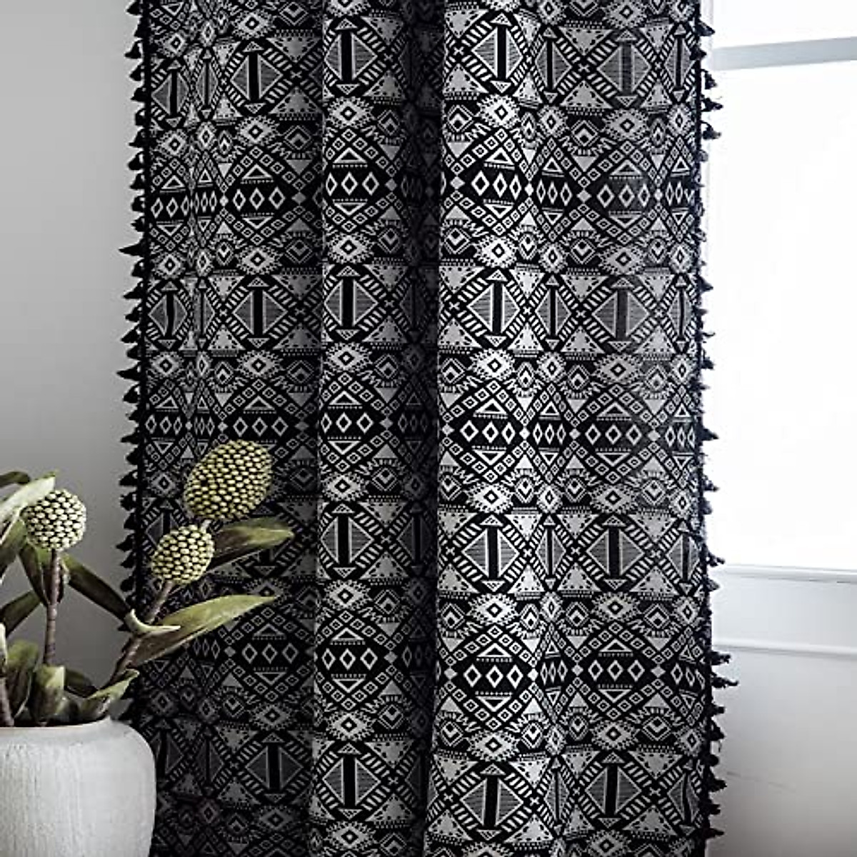 Boho Geometric Semi-Blackout Curtains for Bedroom Farmhouse Room Decor Curtains 2 Panels Black White Burlap Linen Curtains Rod Pocket for Living Room,Tassel,52 x 84 Inches